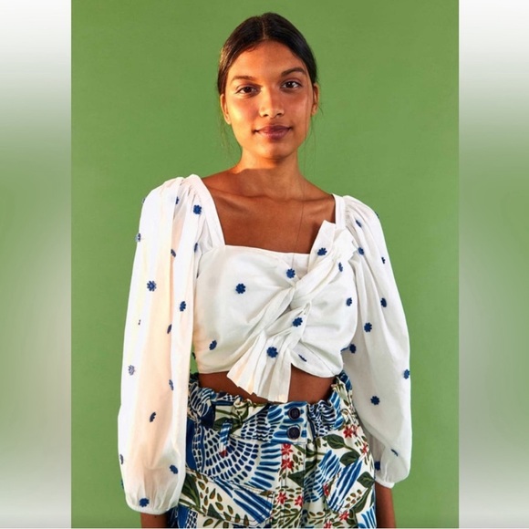 FARM Rio | Tops | Farm Rio White Blue Floral Embroidered Crop Top Puff ...